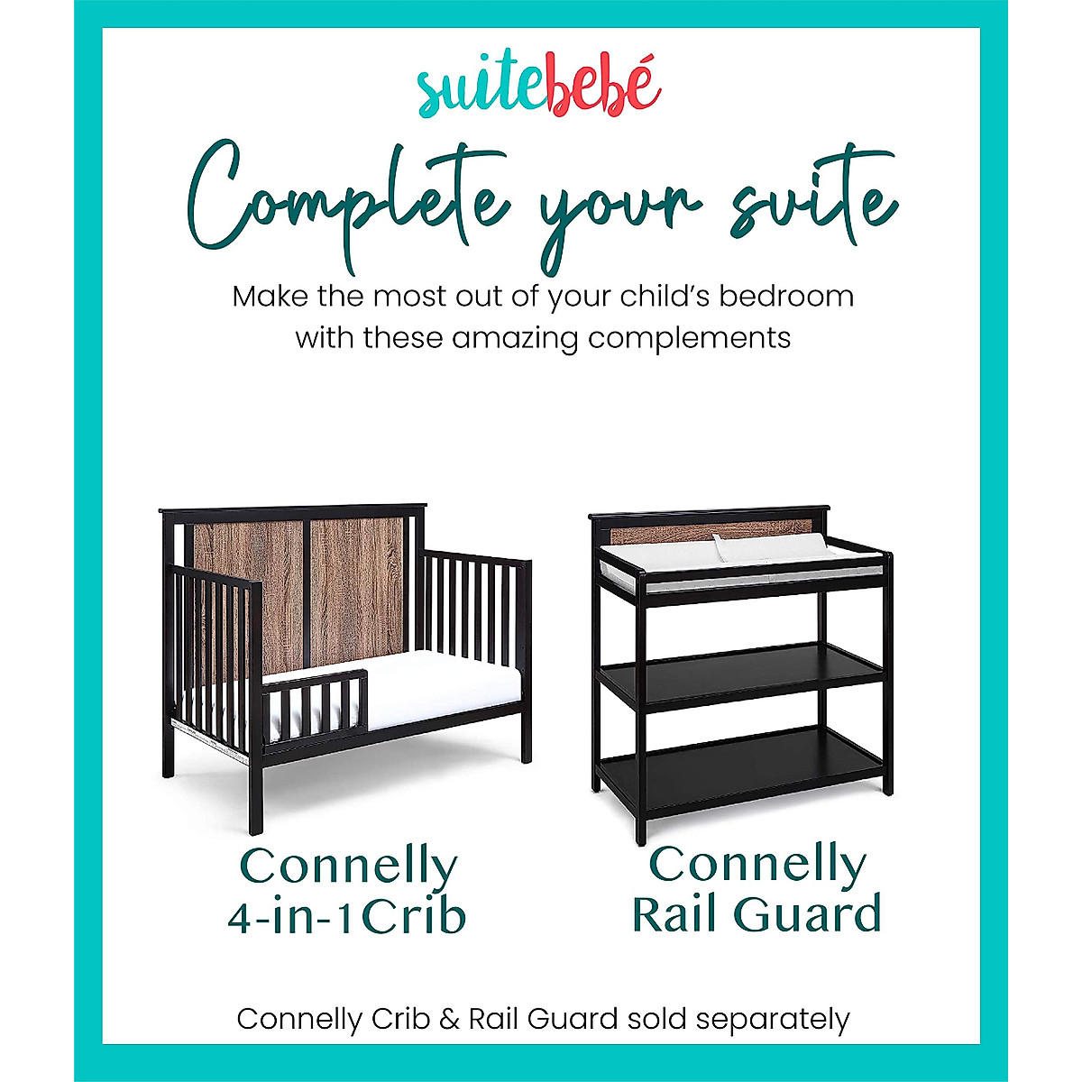 Suite Bebe Connelly Crib to Conversion Kit Only Adjustable in Quick Ship, Black