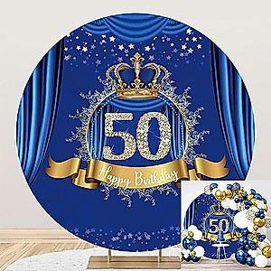 Leyiyi 6.5x6.5ft Happy 50th Birthday Round Backdrop Royal Blue Curtain Drapes Luxury Golden King Crown Photography Background Prince Men Fifty Birthday Party Decor Banner Photo Booth Props