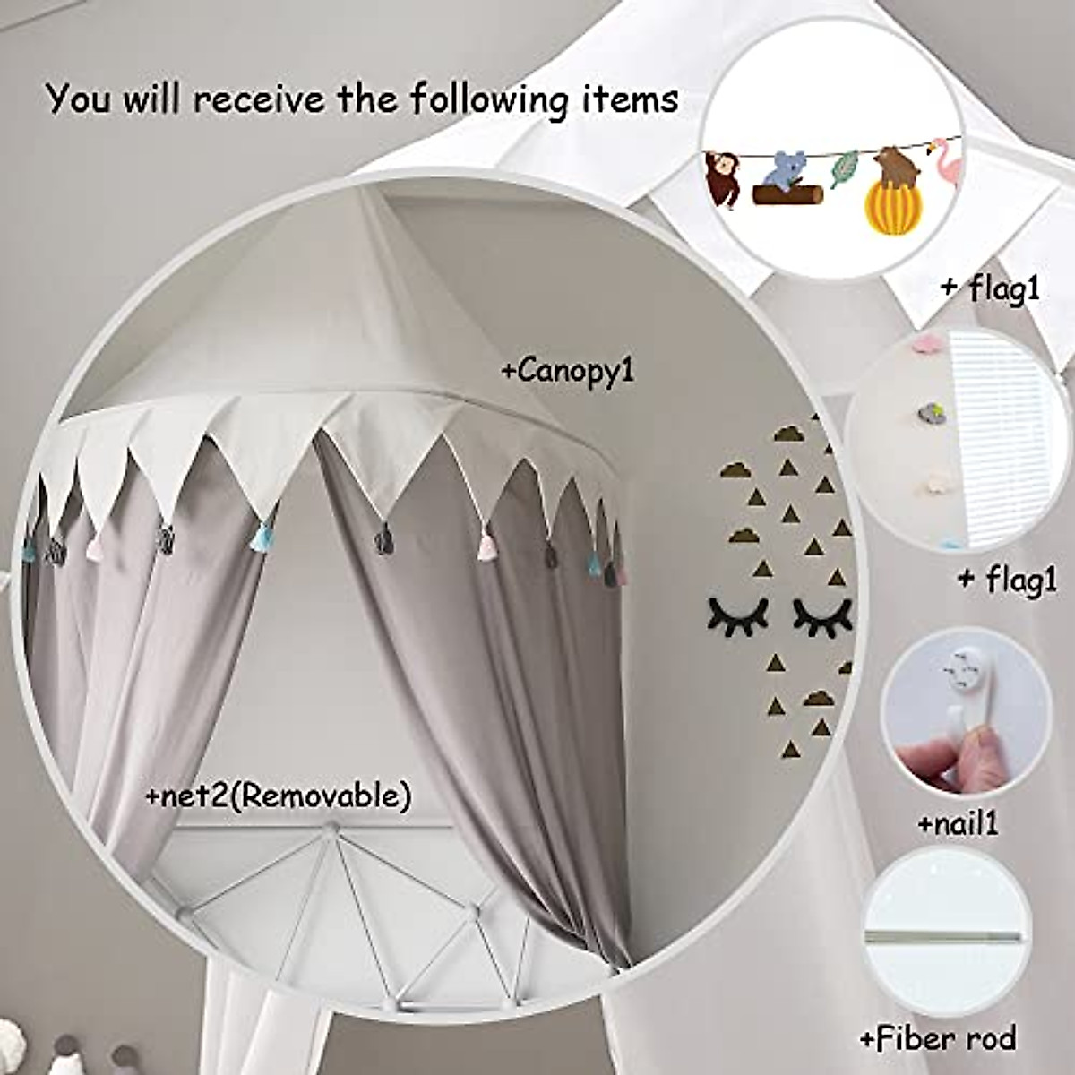 BEIOUDEXIN Bed Canopy for Girls Bed, Kids Children Mosqutio Net Bedding Decor Princess Nusery Play Reading Room Cotton Hanging Tent Indoor Decorations (Tassels)