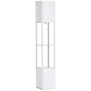HOMCOM Modern Floor Lamp with Shelves & Dual Ambient Lighting, Tall Standing Lamp for Living Room, Bedroom with Fabric Lampshade (Bulb not Included), White
