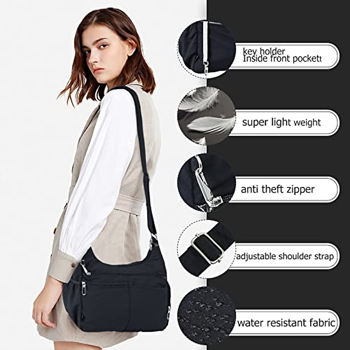 Alissie Crossbody Bags Anti Theft with RFID Pockets Lightweight Water-Resistant Multiple Compartments Purse (Black)