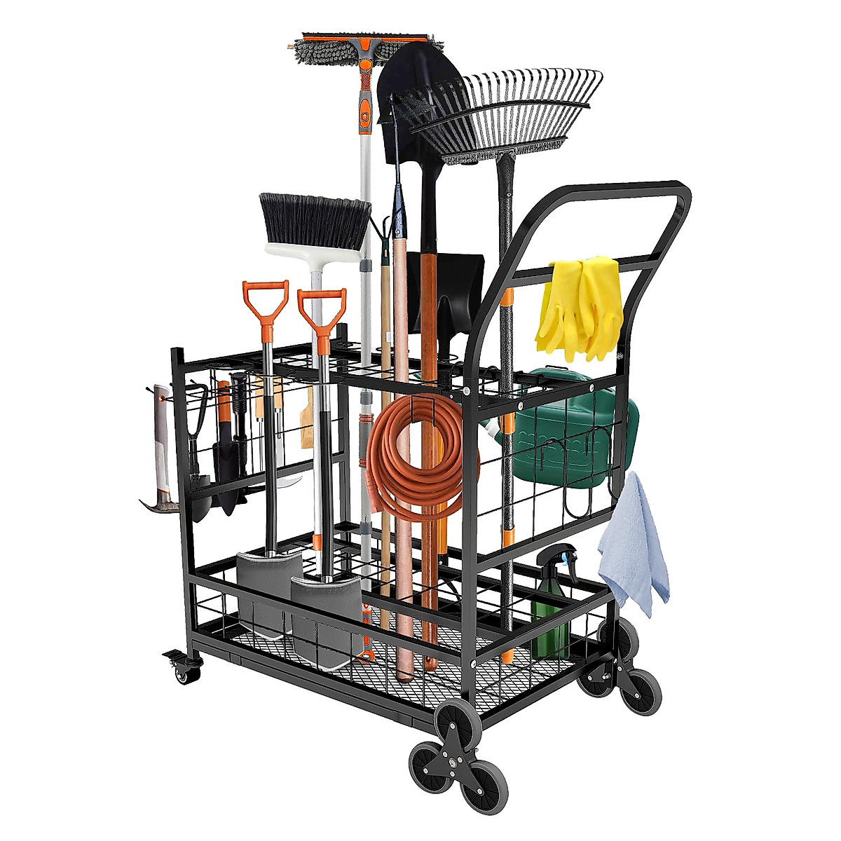 LWTURLOV Garden Yard Tool Organizer with Wheels,Garden Tool Storage,2 Stair Climbing Wheels Garden Cart Yard Tool Organizer for Garage,Yard Racks Tools, Shed, Garage Tool Organizer Rack,Black