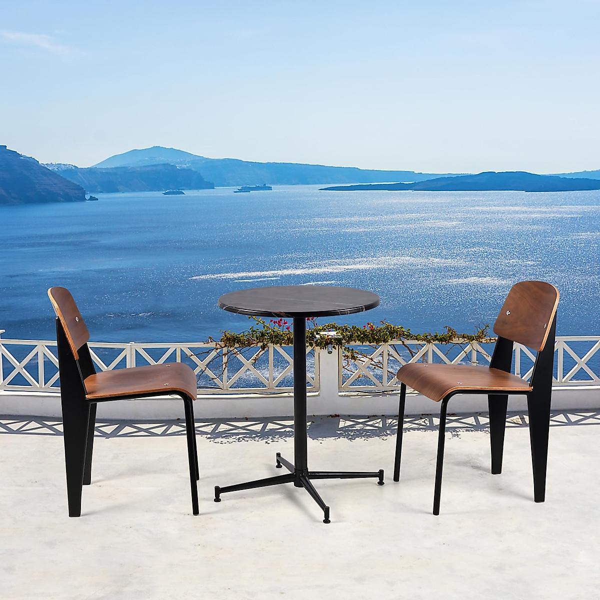 LOKKHAN 3-Piece Table & Chairs Set, Indoor-Outdoor Patio Balcony Frontporch Bar Pub Garden Coffee Bar Set, (27.5" Round Marble Top Table, with 2 Jean Prouve Standard Dining Chairs, Space-Saving)