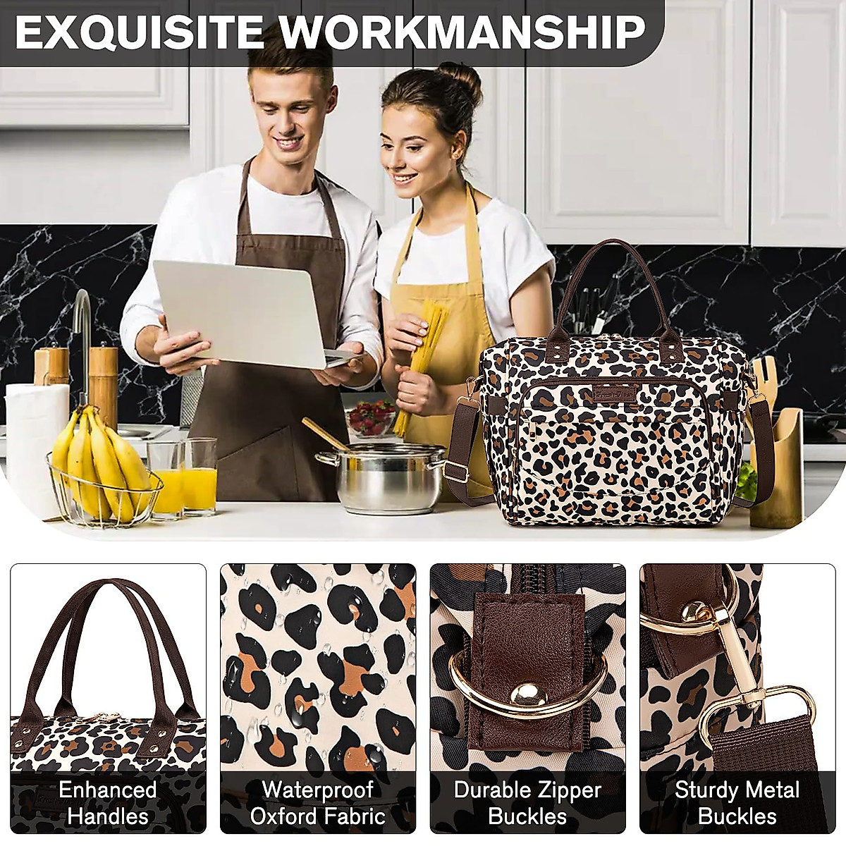 Fresh-flash Insulated Lunch Bag for Women Work, Leakproof Lunch Box Tote Bag, Wide Open Lunch Cooler Tote, Women Lunch Bags with Removable Shoulder Strap & Side Pockets-Leopard