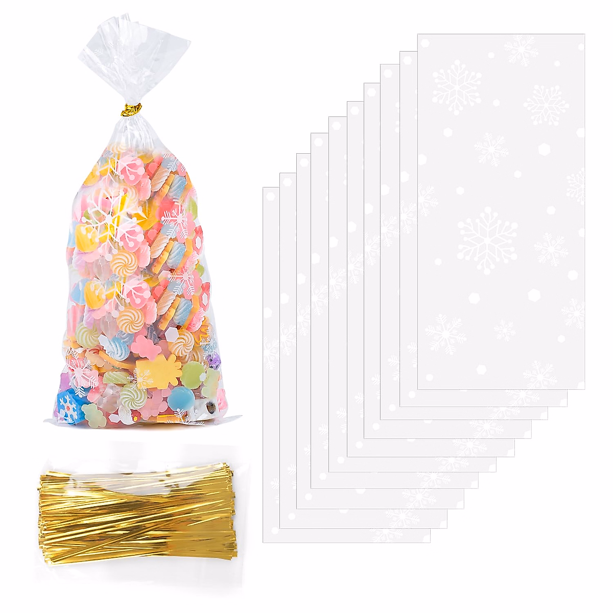 FOPINOA Snowflake Cellophane Bags, 120PCS Clear Christmas Treat Bags Snowflake Goodie Bags with 150 Twist Ties for Christmas Party Supplies