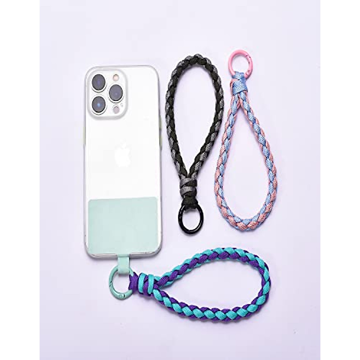 Female Universal Cell Phone Lanyards Multi-Functional Adjustable Hand Wrist Strap Handmade Knitted Pink Nylon Rope