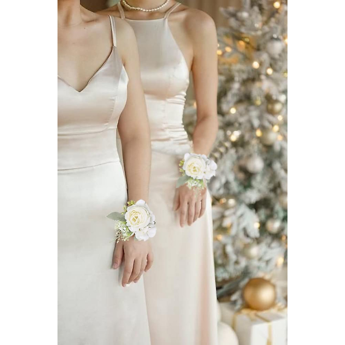 SDEERIT 4pcs Ivory Artificial Peony Wrist Corsages for Wedding, Bridesmaid Band Bracelet for Wedding Wrist Flower Mother of Bride and Groom, Party Proom Flowers(Ivory)