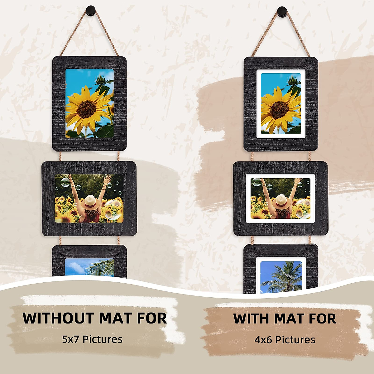 ABSWHLM 5x7 Picture Frames Rustic Wood Hanging Picture Frames 3 Opening Photo Frame Display 4"x6" Pictures with Mat or 5"x7" Without Mat, Weathered Black