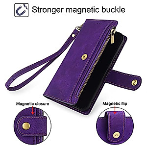 Antsturdy for iPhone 13 (6.1") Zipper Wallet Case,Luxury PU Leather with Handbag Wrist Strap Folio Flip Cover [RFID Blocking] Credit Card Slot Card Holder [Kickstand Function] Women Purple