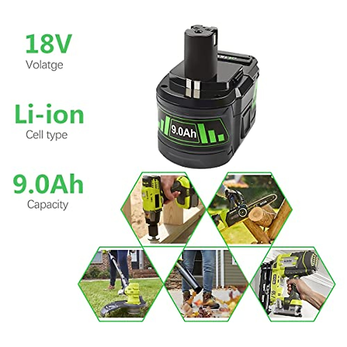 POWTREE 18V 9000mAh P108 Replacement Battery for Ryobi 18V Battery ONE+ P108 P102 P103 P104 P105 P107 P109 P122 Cordless Power Tools Li-ion Battery with LED Indicator 2Pack