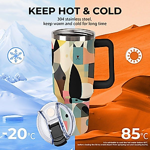 HJUQNGF 40 Oz Personalized Tumbler with Handle And Straw Mid-Century Modern Art Cat Stainless Steel Insulated Tumblers Reusable Car Thermal Cup Travel Coffee Mug for Women Men