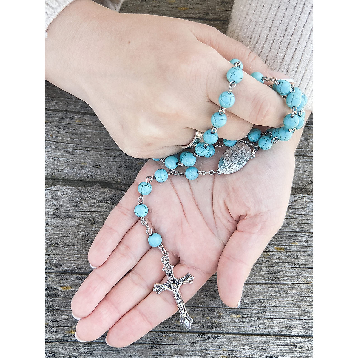 Nazareth Store Sky Blue Marble Stone Beads Rosary Turquoise Beaded Necklace Catholic Miraculous Medal & Jesus Cross