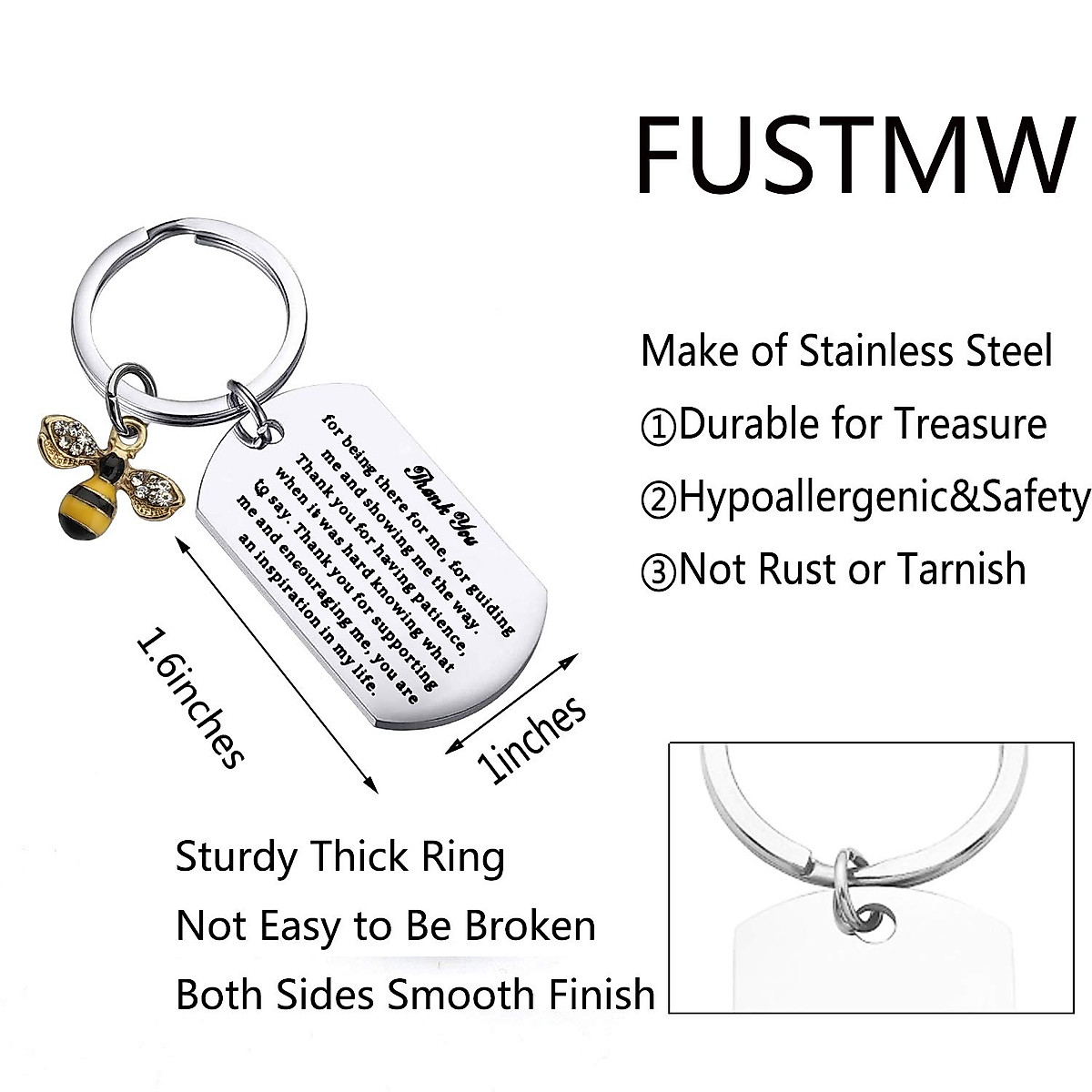 FUSTMW Appreciation Gift Bumble Bee Charm Keychain Thank You Gifts for Teacher Coach Mentor Thank You for Being There You Are an Inspiration in My Life (Thank You Gifts Bee Charm)