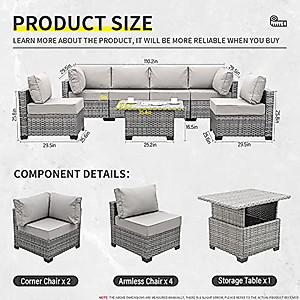 Lviden 7 Pieces PE Wicker Patio Furniture Set Outdoor Sectional Conversation Sofa Set with Liftable Storage Table, Non-Slip Cushions and Furniture Cover, Light Grey