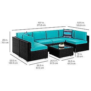 Best Choice Products 7-Piece Modular Outdoor Sectional Wicker Patio Furniture Conversation Sofa Set w/ 6 Chairs, 2 Pillows, Seat Clips, Coffee Table, Cover Included - Black/Teal
