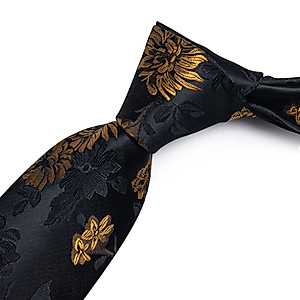 DiBanGu Men Golden Black Floral Neckties Silk Black Floral Tie and Pocket Square Cufflinks Party Wedding