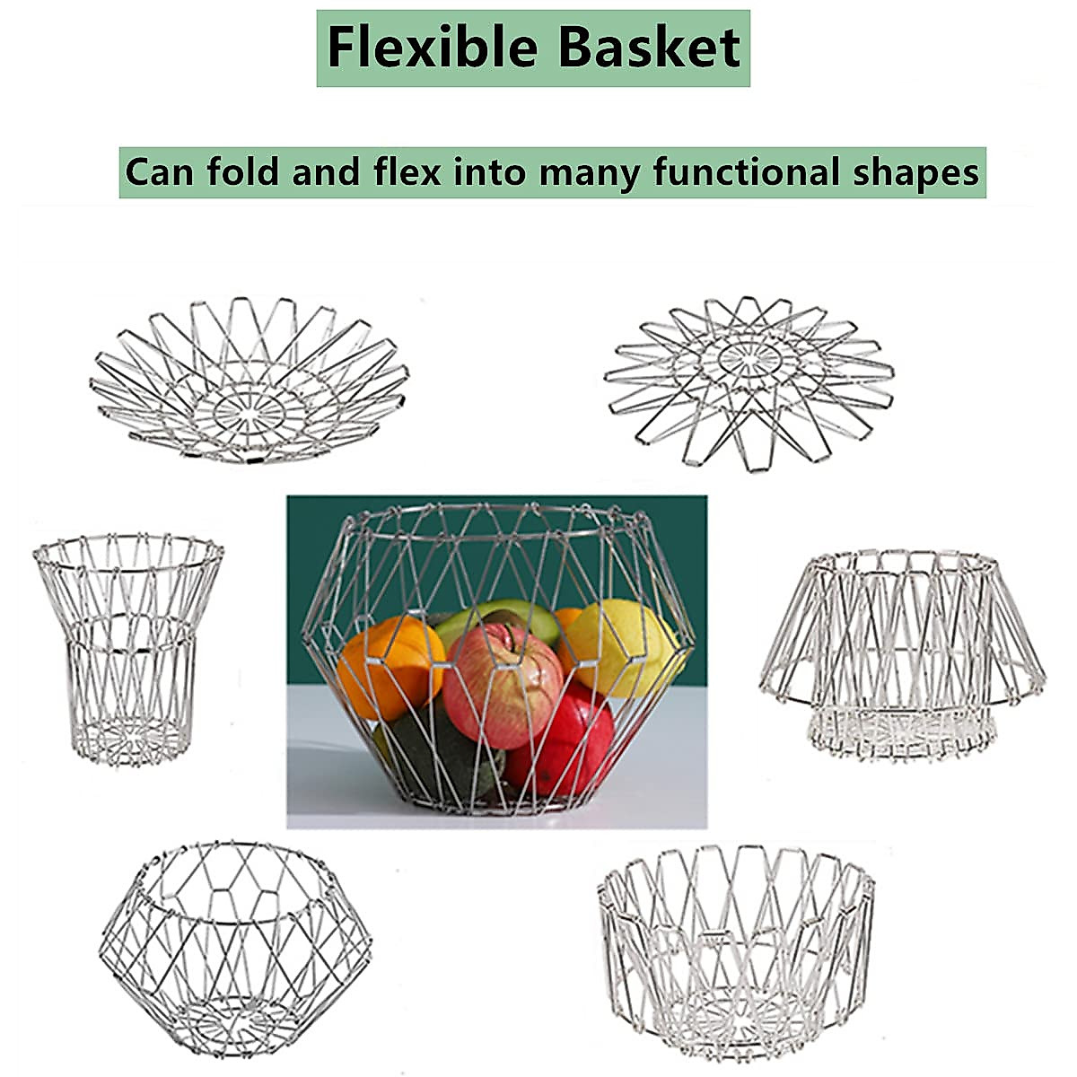 huaqinghua Fruit Basket, Decorative Bowl, Flexible Stainess Steel Wire Basket Transforming, Arts Storage or Holder Vegetable Bread Snacks for Counters, Kitchen, Living Room (1 PCS) Sliver