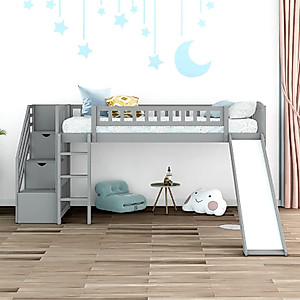 Harper & Bright Designs Loft Bed with Slide and Stairs Wood Twin Size Loft Bed Frame with Storage for Kids Boys Girls, Gray