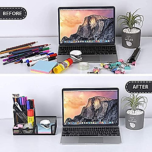 VIUJUH Desk Pencil Holders Desk Organizer Office Supplies Caddy with Sticky Notes Holder for Office School Home 3 Compartments Black