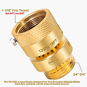 PK1390 Replacement Self Draining Vacuum Breaker,1-1/16" Fine Thread Female to 3/4" GHT Thread Male Hose Bib Backflow Preventer Lead-Free Brass