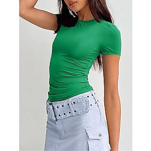 Abardsion Women's Casual Basic Going Out Crop Tops Slim Fit Short Sleeve Crew Neck Tight T Shirts (Green, S)