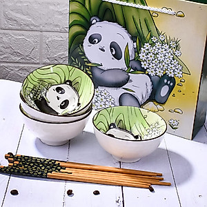 BOSILI Cute Panda Rice Bowls and Chopsticks set, Ceramic Rice Bowls for Dessert Soup Rice As A Good Gift (4 pieces)