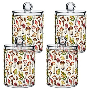 ALAZA 4pcs Mushroom Leaf Qtip Holder Dispenser 14 oz Bathroom Storage Clear Apothecary Jars Containers Cotton Ball,Cotton Rounds,Floss Picks, Hair Clips, Food