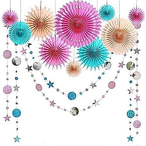Pastel Blue Pink Peach Tissue Paper Fan Garland Decoration Set 3D Fan Glittering Circle Star Banner Backdrop for Easter Birthday Wedding Graduation Christmas Parties Home Shop Office School Nursery