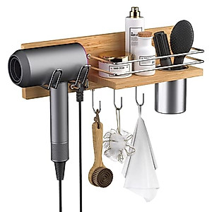 RoleDes Bamboo Hair Dryer Holder Wall Mount,Bathroom Organizer for Styling Tools,Blow Dryer,Curling Iron,Hair Straightener Floating Shelves for Hairdryer Storage