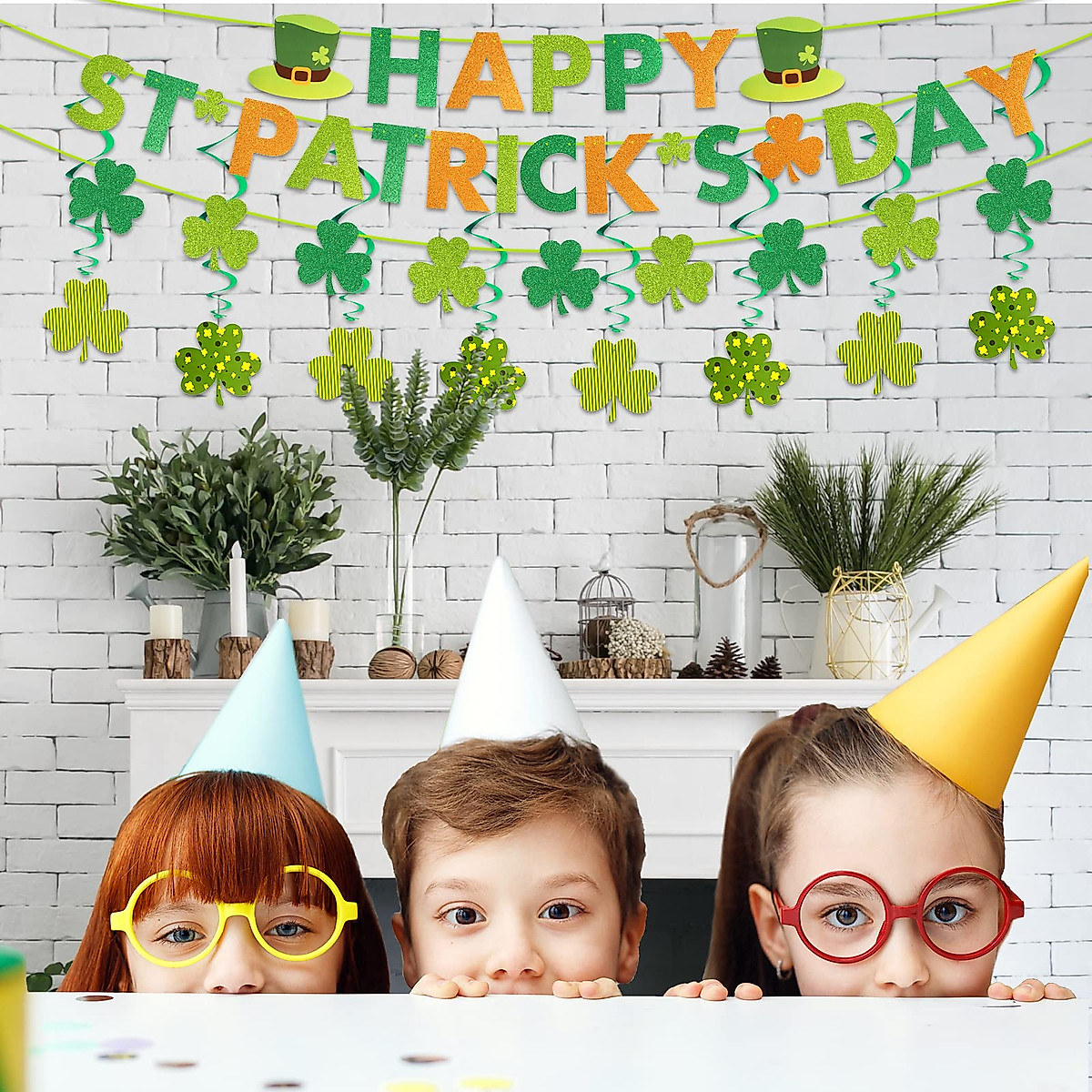St.Patricks Day Decorations,1 Felt Shamrock Clover Garland+ 1 Happy St.Patricks Day Banner+8Pcs Hanging Swirls,St. Patrick 's Day Banner Decor perfect for Irish party supplies- Green and Light Green Color