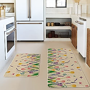Artoid Mode Lavender Tulip Spring Kitchen Mats Set of 2, Seasonal Flower Summer Home Decor Low-Profile Kitchen Rugs for Floor - 17x29 and 17x47 Inch