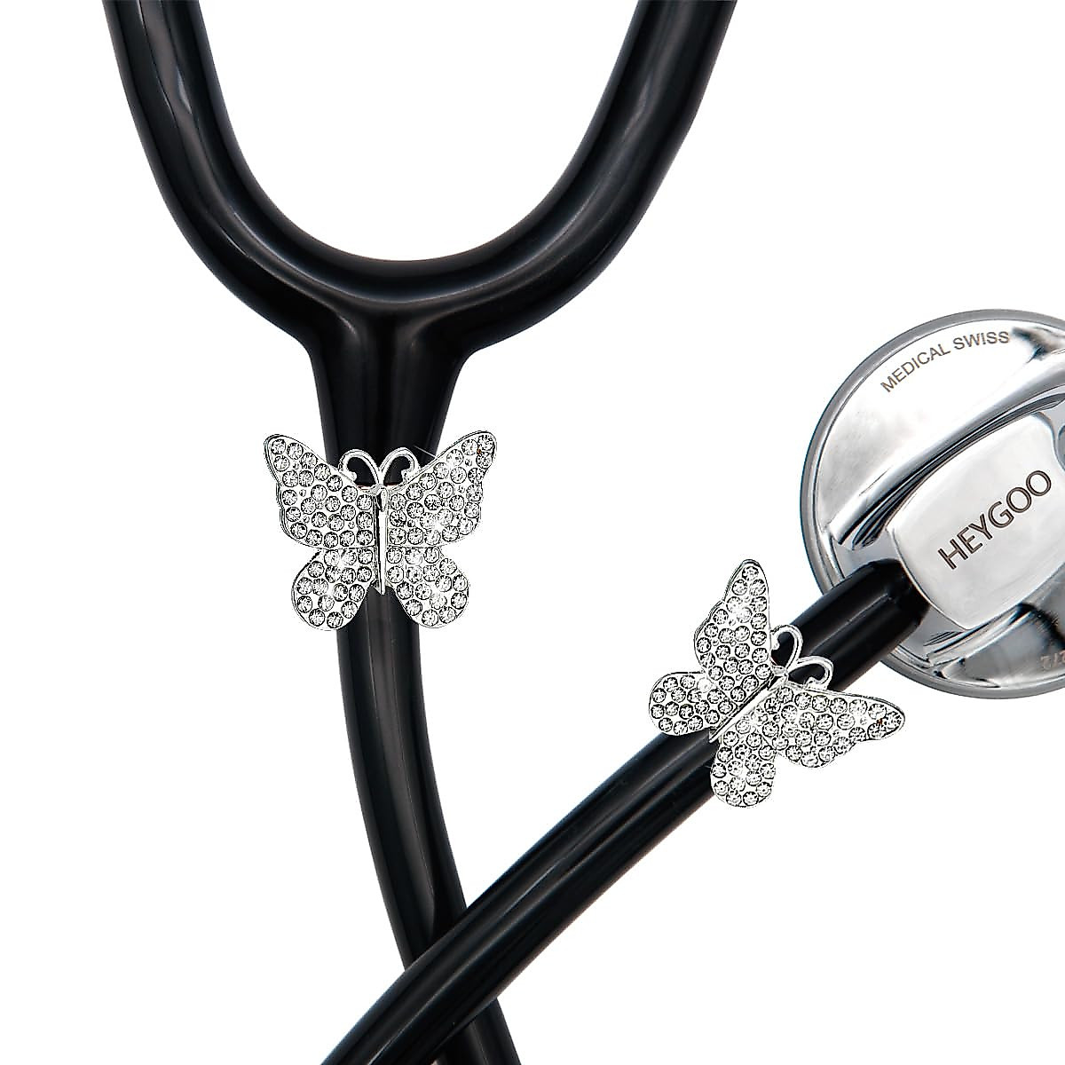 HEYGOO 2 Pack Bling Butterfly Stethoscope Charms for Doctor Nurse, Stethoscope Id Name Tag with Bling Silvery Rhinestones