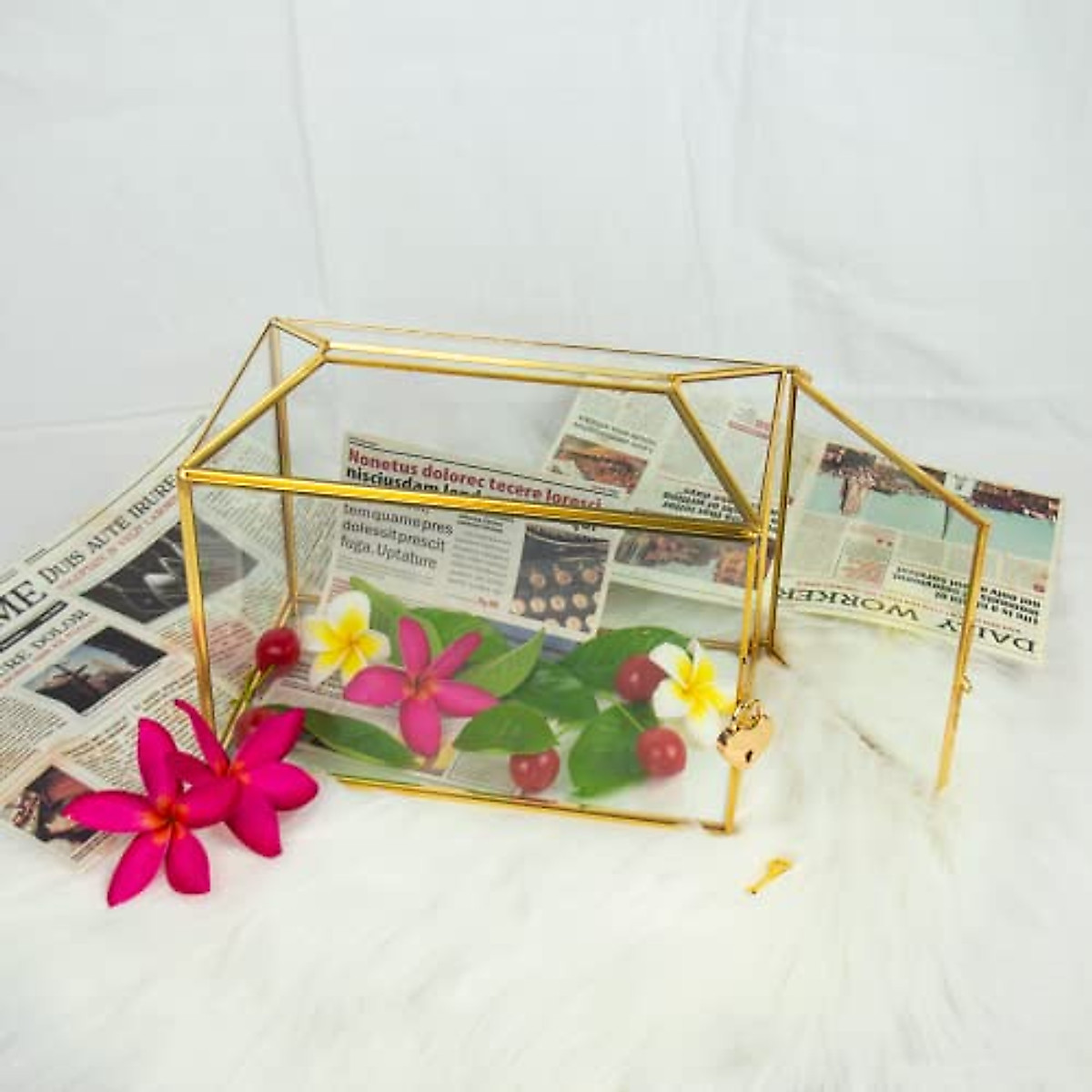 Gold Wedding Glass Card Box with Lock and Slot - Wedding Envelope Card Holder for Reception Clear Lock Box with Key Wedding Gold Glass Card Holder Handmade Vintage Wedding Card Box