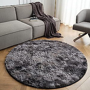 OMERAI Round Rug 5ft Shaggy Soft Round Area Rug for Bedroom, Grey Cricle Rug and Fluffy Carpets for Living Room, Non-Slip Home Decor,5'X5' Grey Round Fur Rug