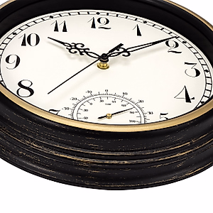 Lumuasky Indoor Outdoor Waterproof Wall Clock with Thermometer, Retro Silent Non-Ticking Battery Operated Round Clock for Garden Patio Yard Home (12 inch, Black Gold)