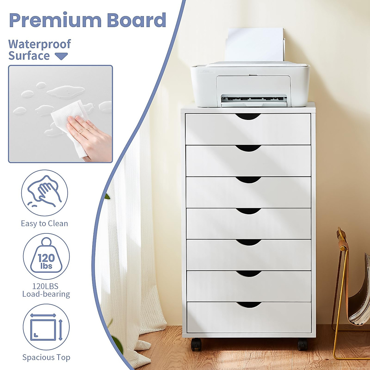 NEWBULIG Drawer Chest Storage Organizer, Mobile File Cabinet Wood Dresser Printer Stand for Home Office Study, 7-Layers, White