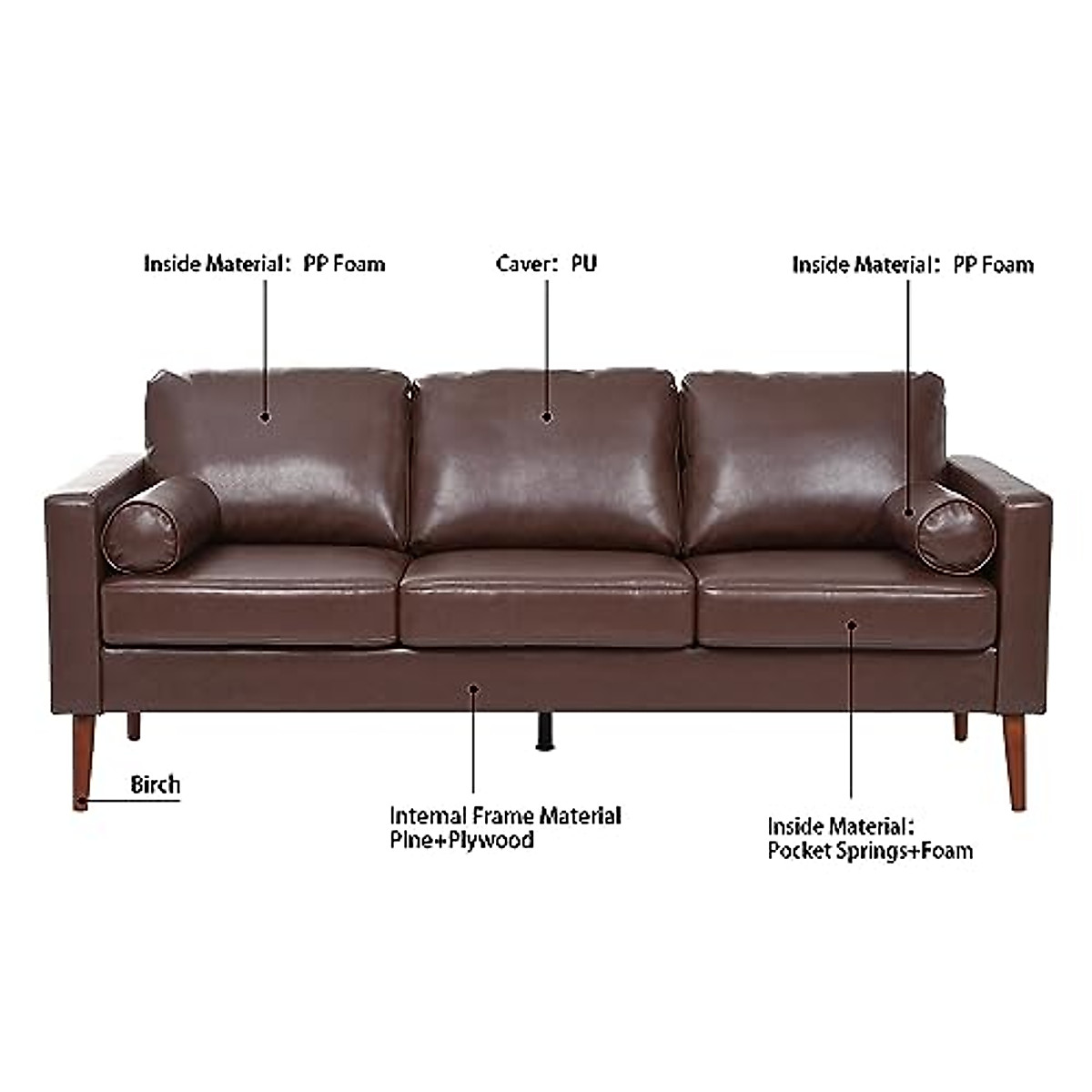 Pabby Yard PU Leather Sectional Sofa 3 Seat Comfy Couches Soft Cushion Sofa with Wooden Legs and 2 Pillows, Mid-Century Modern Sofa Classic Small Spaces Couches Living Room Furniture, Brown