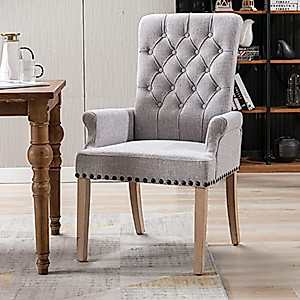 Restworld Fabric Arm Dining Chair,Tufted Upholstered High Back Nailed Trim with Untique Oak Wood Legs for Kitchen Restaurant Room Bedroom,Smoke Grey