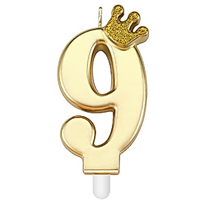 3.9inch Birthday Number Candle, Large 3D Number Birthday Candles for Cake with Glitter Crown Decor Cake Topper Candle for Wedding Ceremony Anniversary Festival Party (Gold, 9)