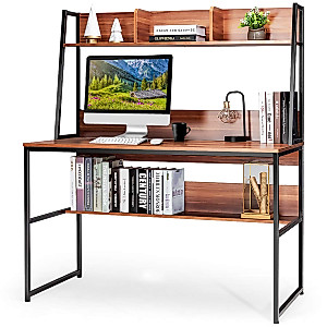 Tangkula Computer Desk with Hutch & Bookshelf, 47 Inches Space Saving Writing Study Table Home Office Desk, PC Laptop Table Workstation with w/ 3 Open Storage Space & Bottom Bookshelf (Brown)