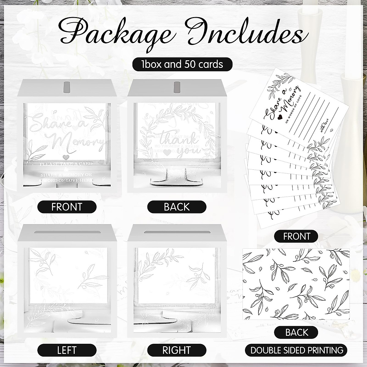 Pajean 50 Pcs Greenery Share a Memory Card for Celebration of Life Memory Cards Box with Transparent Windows Memory Box for Funeral Wedding Birthday Graduation Bridal Shower Guest Card Ideas (White)