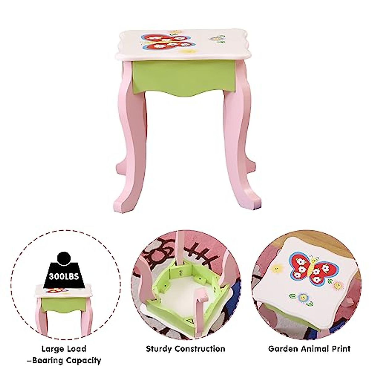 HILIROOM Kids Vanity Set with Mirror and Stool, Girls Makeup Vanity Wooden Dressing Table with Drawer, Princess Vanity Table and Chair Set, Pretend Play Vanity Set for Little Girls