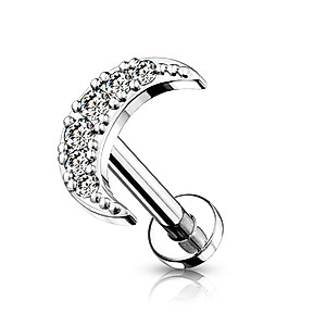 Pierced Owl 16GA Stainless Steel Internally Threaded Crystal Paved Crescent Moon Top Flat Back Lip Cartilage Tragus Stud (Silver Tone, 6mm Barbell)