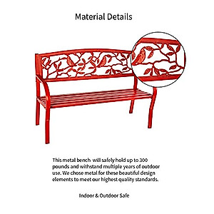 Evergreen Garden Patio and Outdoor Seating Cardinal Metal Garden Bench in Red 50 x 33 x 21 Inches - Decorative and Durable Weather Resistant Outdoor Chair Seat for Home and Garden