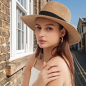 MEINICY 3PCS Womens Wide Brim Beach Hat Roll up Panama Straw Sun Hat Fedora Summer UV Protection Floppy Hat (Black+Brown+Beige)