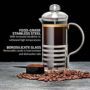 OVENTE French Press Coffee Maker 34 Ounce, 4 Filter Stainless Steel Plunger System & Durable Borosilicate Heat Resistant Glass, Portable Easy Clean Pitcher with Free Scoop, Silver FSH34S