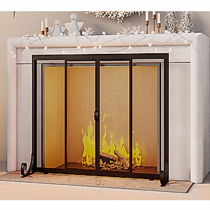 Fire Beauty Fireplace Screen, Wrought Iron Mesh, Baby Safe Spark Guard Protector with 2-Doors Large Flat Guard Screens (37.8 x 30.7 Inch)