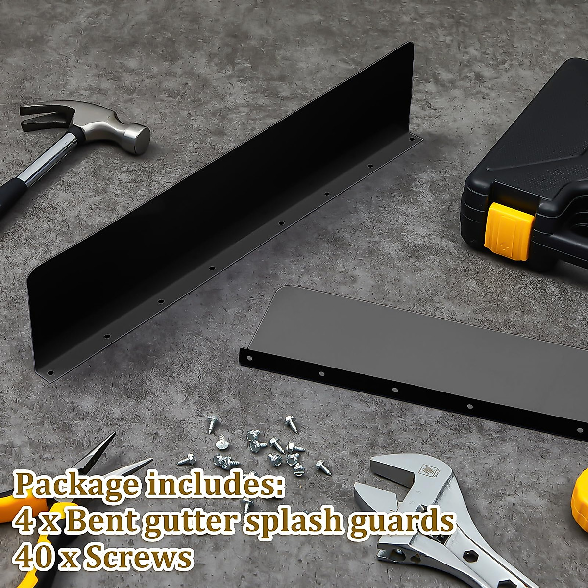 Blulu 4 Pcs Gutter Valley Splash Guards Metal Roofing Gutter Guard with 40 Screws Black Rain Diverter for Roof House Residential Flat Shingle Roof Drain Downspout Water (Straight)