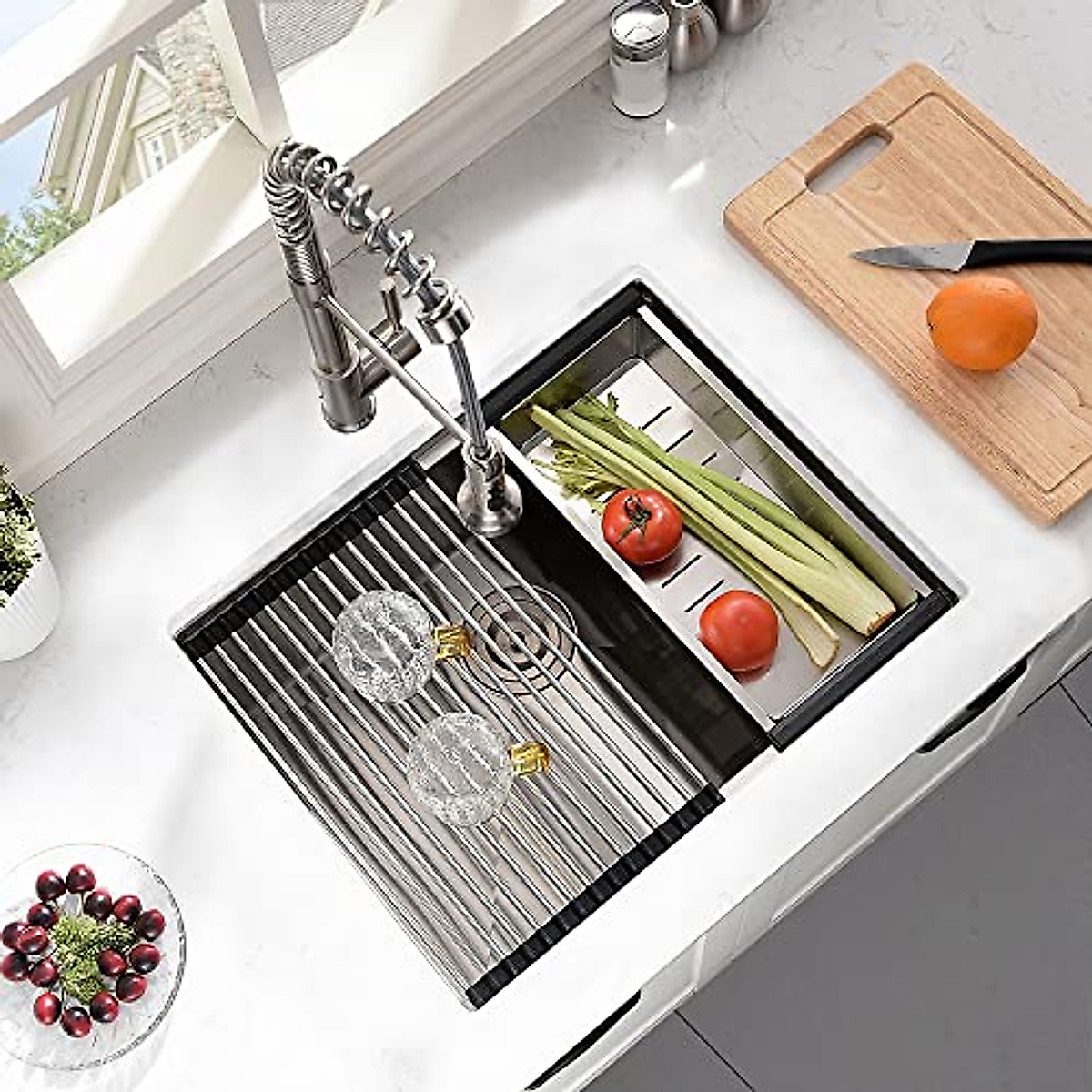 24 Inch Undermount Kitchen Sink, BoomHoze 24 x 19 Inch Stainless Steel Undermount Workstation Sink 16 Gauge Single Bowl Kitchen Sink Deep Bar Prep Sink with Accessories