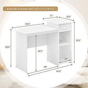 GOFLAME Computer Desk with Drawer, Modern Laptop PC Desk with Adjustable Shelf & Cable Hole, Compact Writing Desk Study Desk with Monitor Stand, Wooden Computer Workstation for Home Office, White